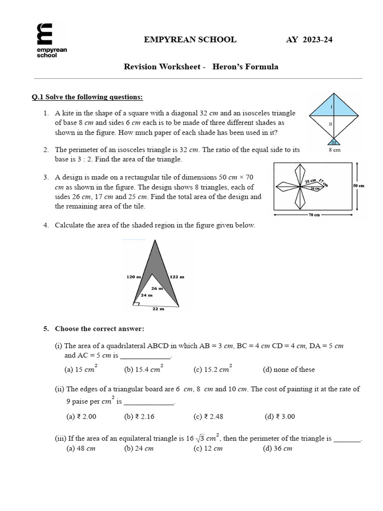 Gr9 Revision Worksheet Heron's Formula | PDF
