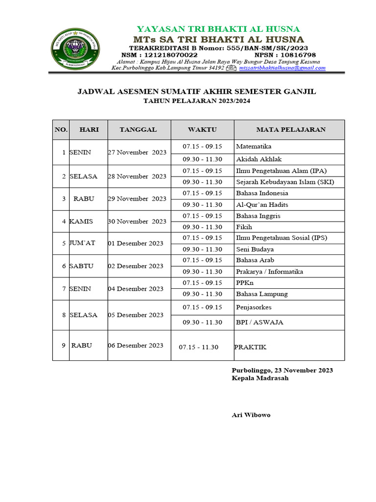 KKM Jadwal Semester Ganjil 2023-2024 | PDF