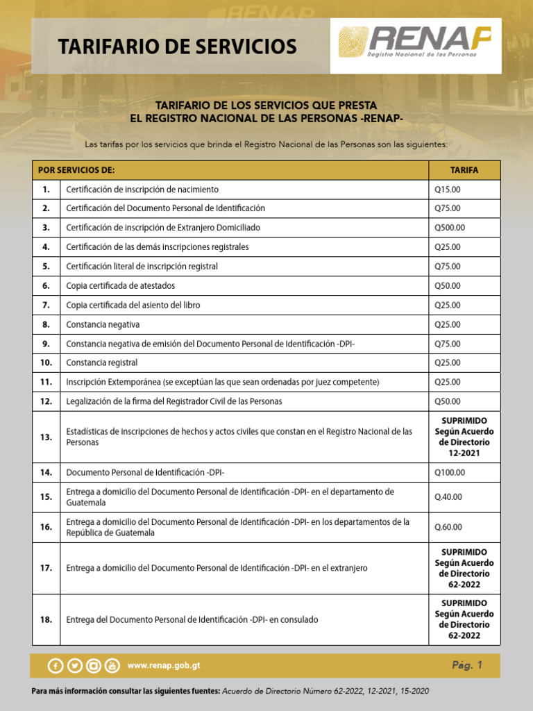 Tarifas de Servicios del RENAP | PDF