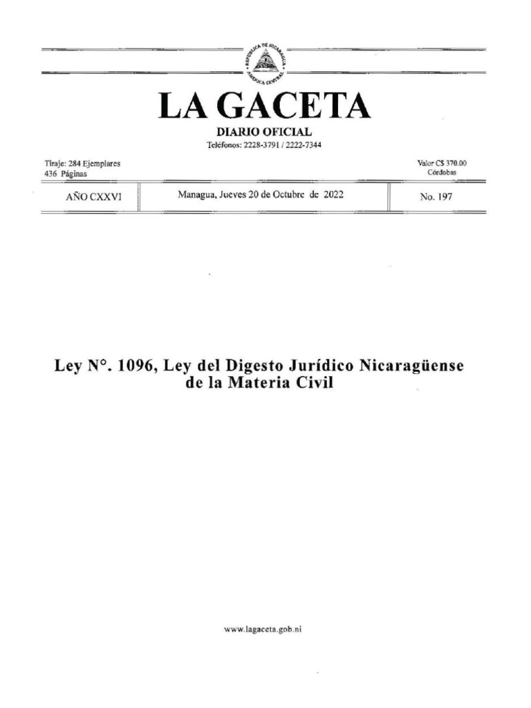 Ley No - 1096 Ley Del Digesto Jurídico Nicaraguense Materia Civil-1 | PDF