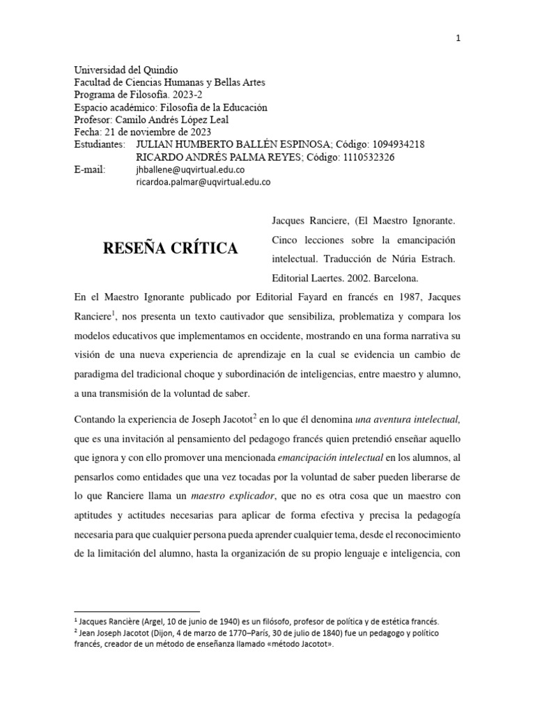 El Maestro Ignorante Reseña Crítica | PDF