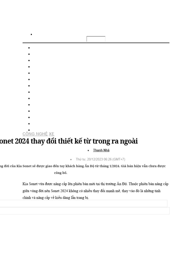 Kia Sonet 2024 thay đổi thiết kế từ trong ra ngoài: Công Nghệ XE | PDF