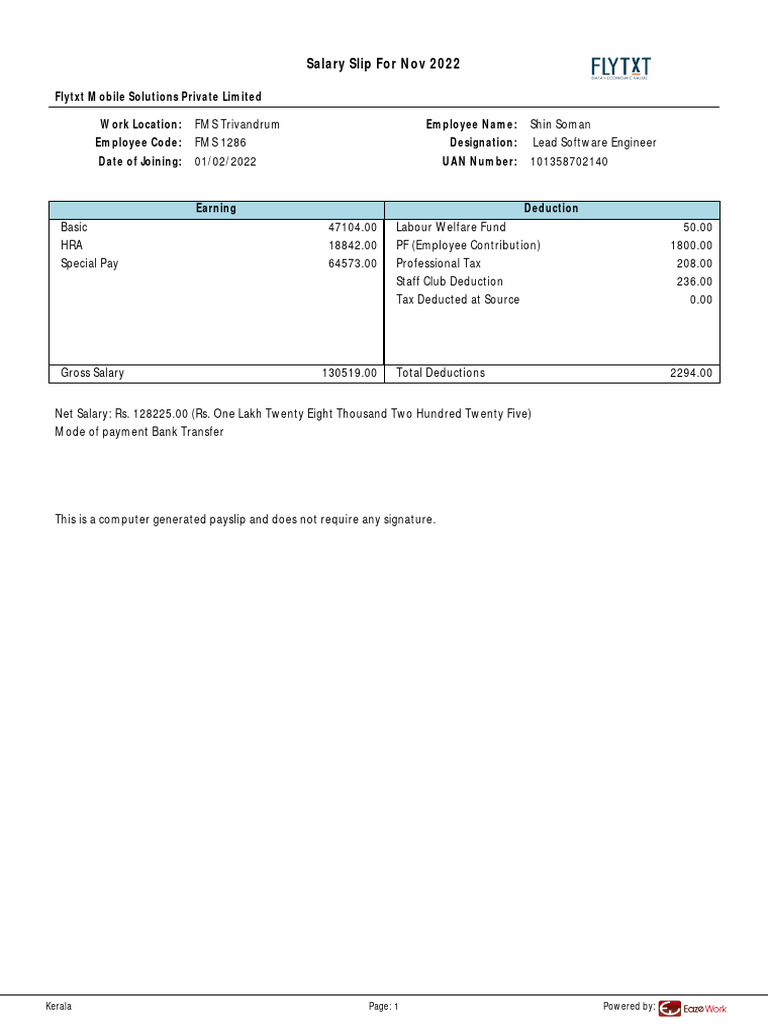 November 2022 Salary Slip Details | PDF
