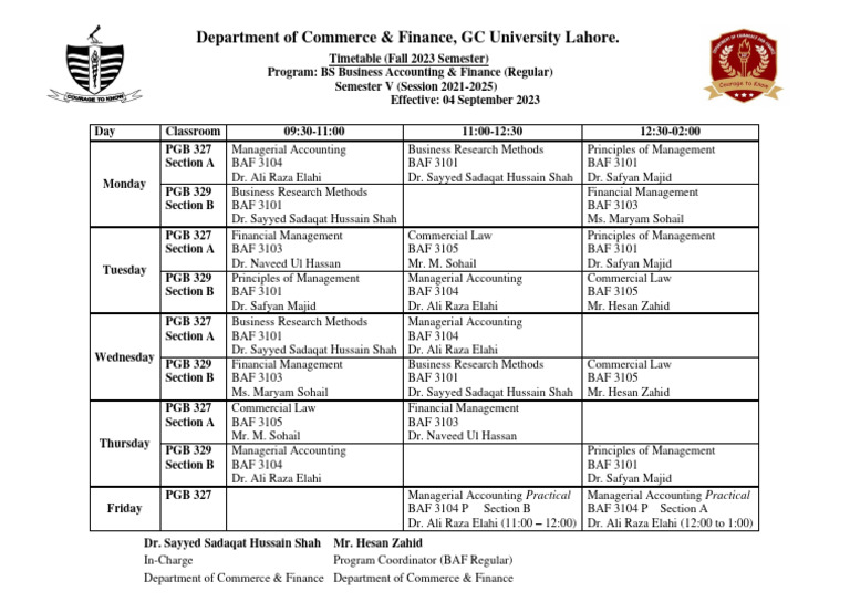 BS Accounting & Finance Timetable | PDF | Business Economics | Business