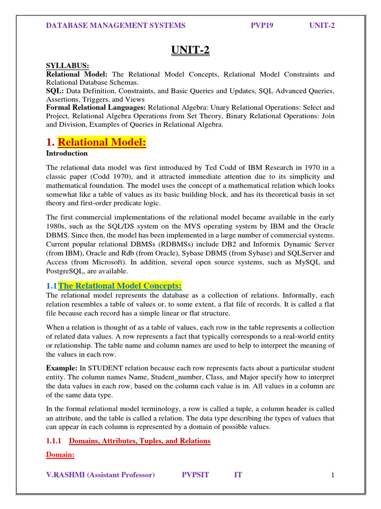 Pvp19 Dbms Unit-2 Material | Download Free PDF | Relational Database | Relational Model
