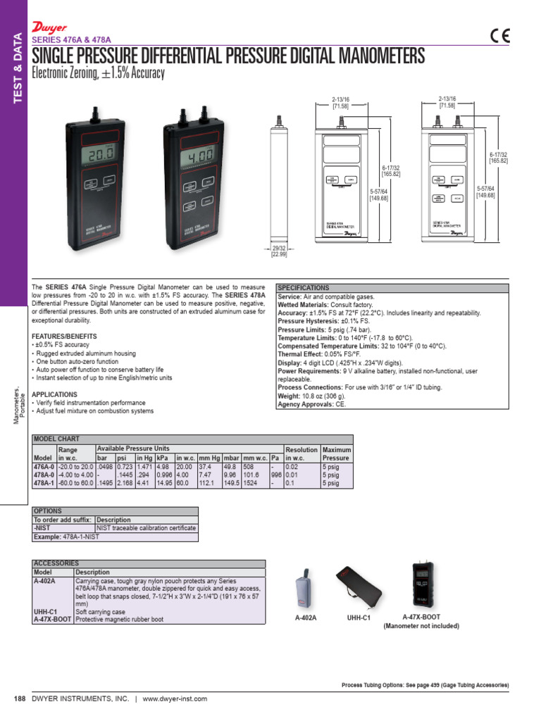 Single Pressure Differential Pressure Digital Manometers: Electronic Zeroing, 1.5% Accuracy ...
