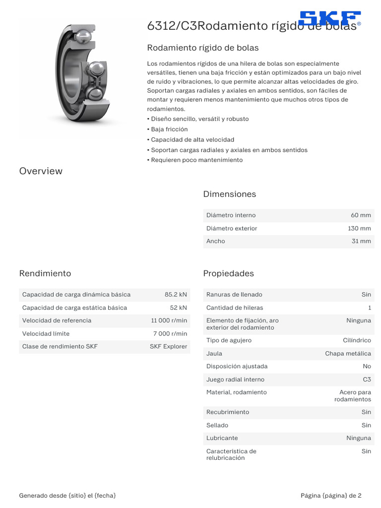 SKF 6312 - C3Rodamiento Rígido de Bolas Specification | PDF | Red ...