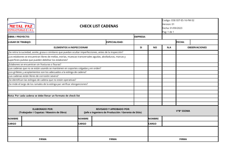 Mpe Ose SST Es 16 FM 02 Check List Cadenas | PDF Mpe Ose SST Es 16 FM 02 Check List Cadenas | PDF