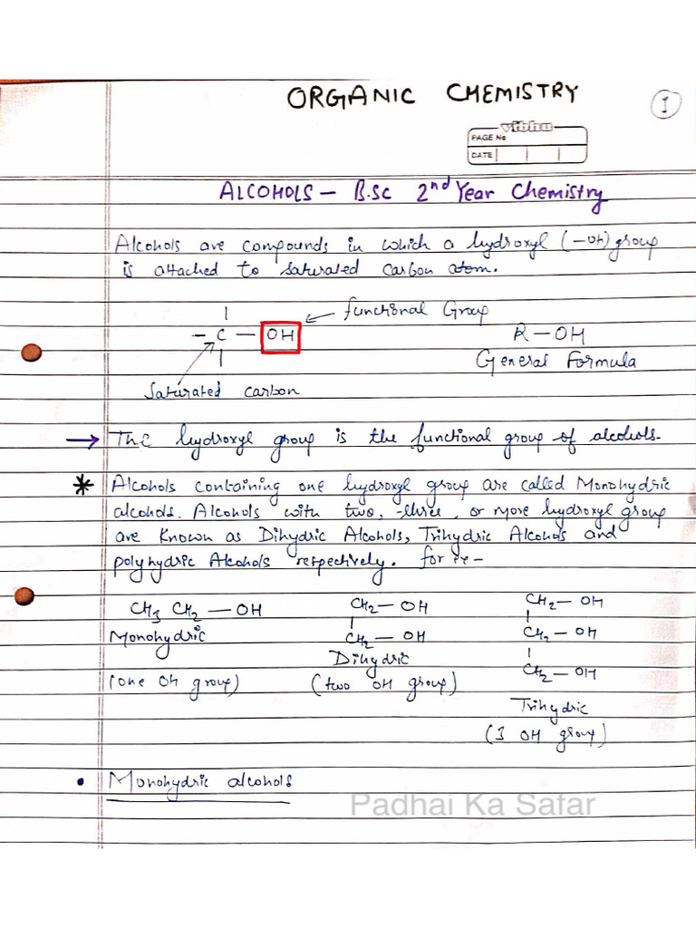 Alcohols Notes for B.Sc 2nd Year Organic Chemistry | PDF