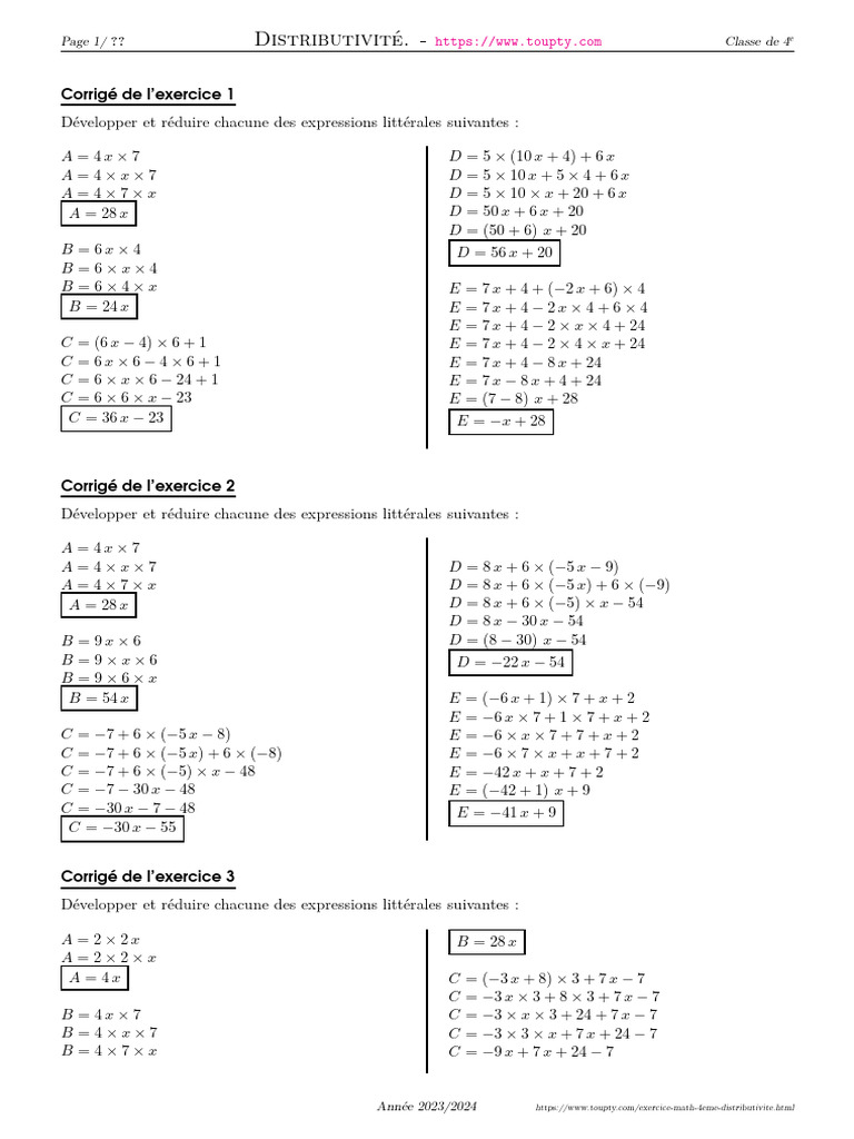 Exercice Distributivite 4eme 10 Corrige | PDF | Logique mathématique ...