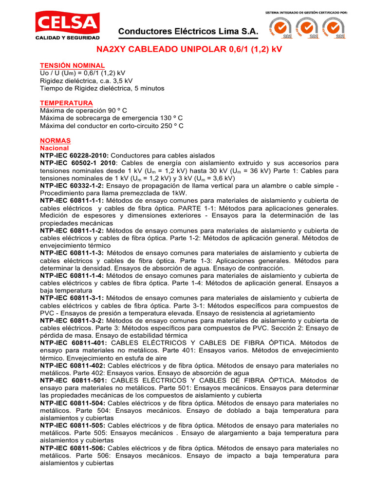 NA2XY Cab. Unipolar 0,6-1 KV | PDF | Fibra óptica | Conductor electrico