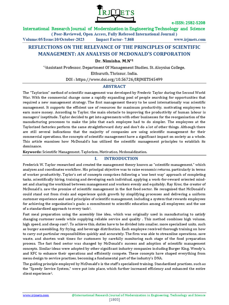 Reflections On The Relevance of The Principles of Scientific Management: An Analysis of McDonald ...
