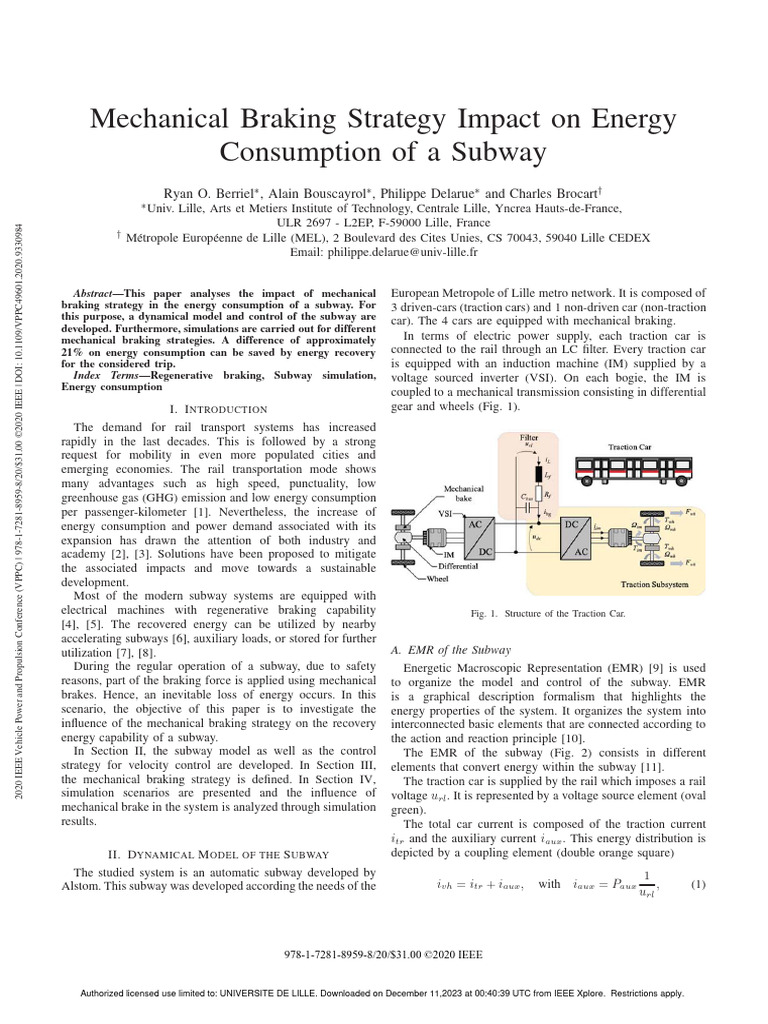 Mechanical Braking Strategy Impact On Energy Consumption of A Subway | PDF