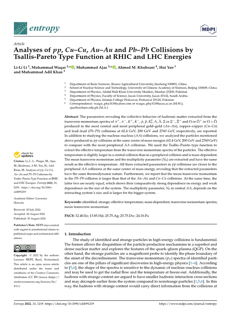Li 2022 Analyses of PP Cucu Auau and PBPB C | PDF | Particle Physics | Applied And ...