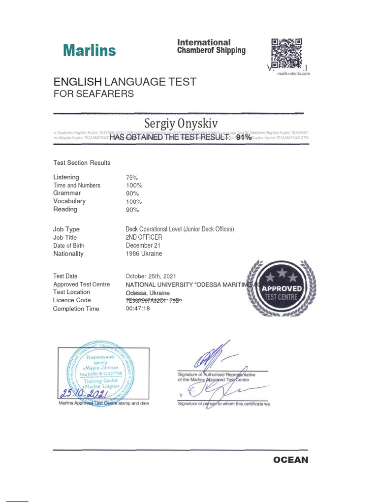 English Test Results for Seafarers | PDF