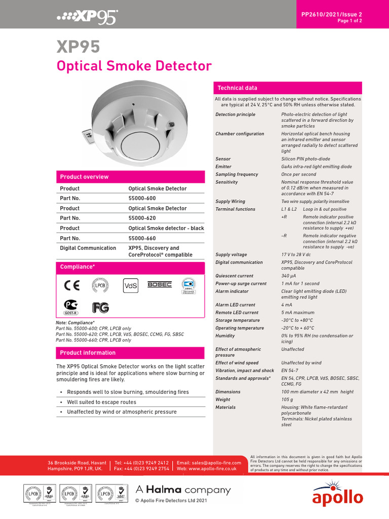 PP2610 XP95 Optical Smoke Detector Data Sheet | PDF | Light Emitting ...