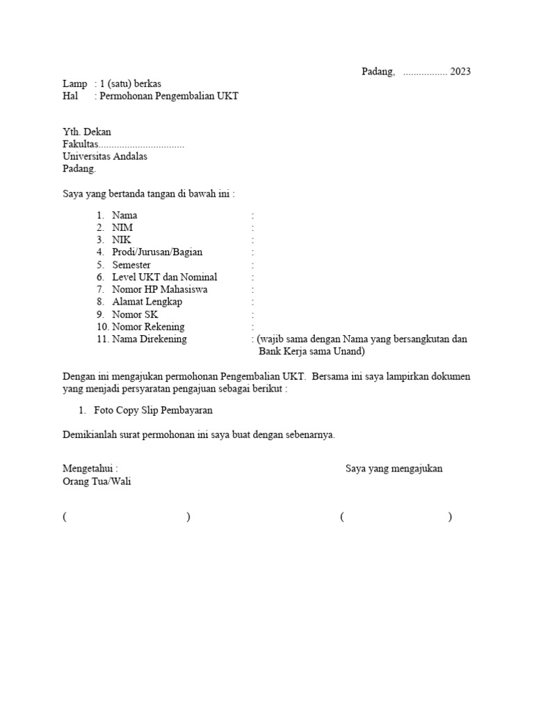 Surat Permohonan Pengembalian UKT | PDF