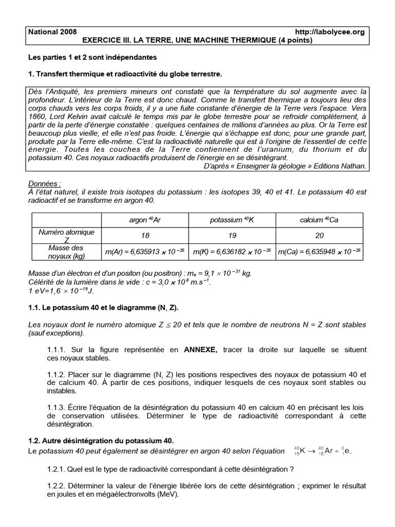 2008 National Exo3 Sujet TerreNucleaire 4pts | PDF
