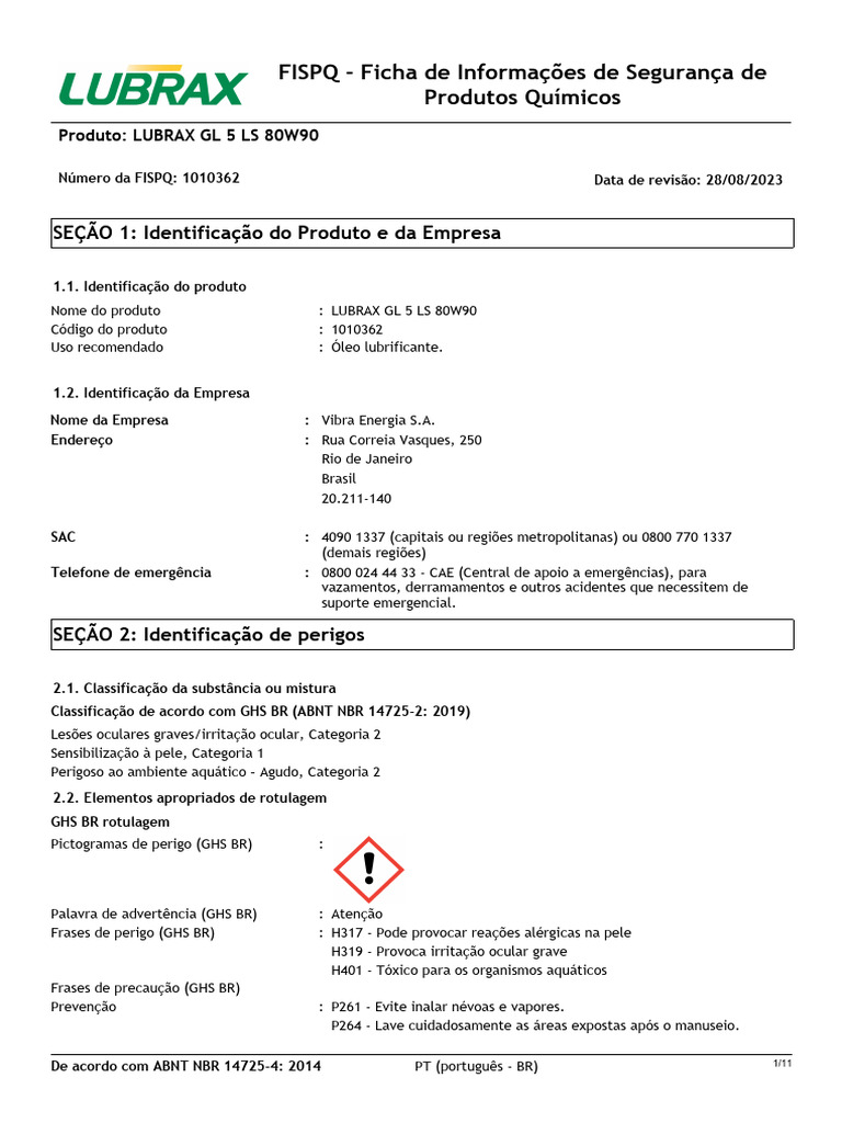 FISPQ LUBRAX GL 5 LS 80W90 | PDF | Desperdício | Brasil