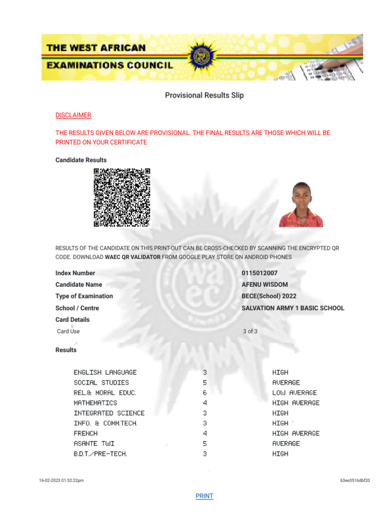 BECE 2022 Provisional Results Slip | PDF