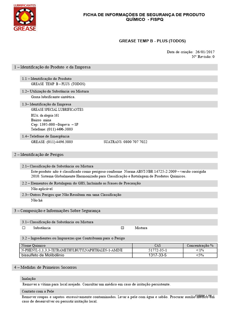 FISPQ: Graxa Lubrificante GREASE TEMP B - PLUS | PDF