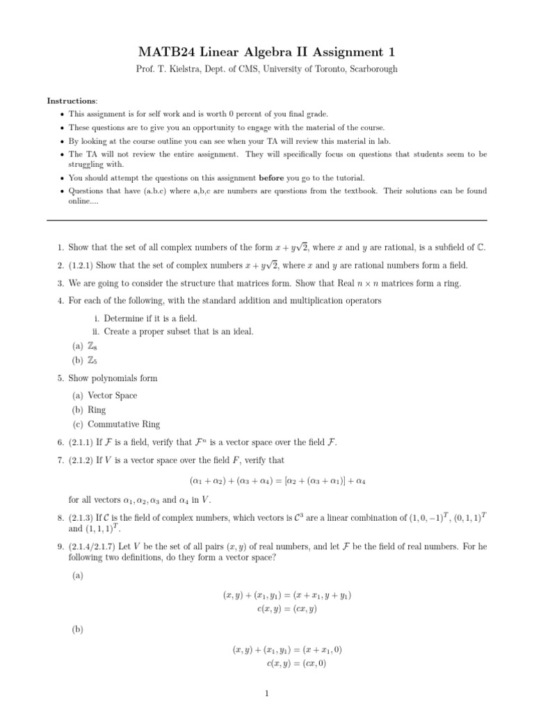 Assignment 1 | PDF | Linear Subspace | Vector Space