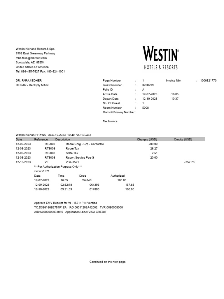 Westin Kierland Invoice Details | PDF | Banking Technology | Payments