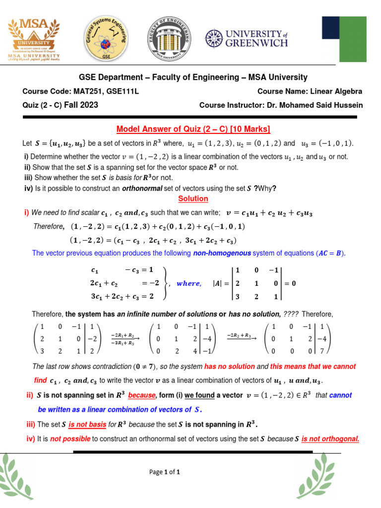 Model Answer of Quiz (2 - C) Fall 2023 | PDF | Vector Space | Basis ...