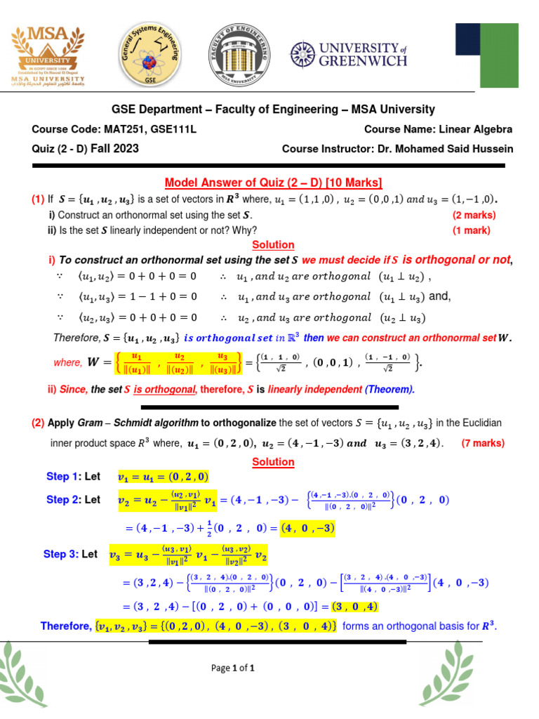 Model Answer of Quiz (2 - D) Fall 2023 | PDF | Geometry | Mathematical ...