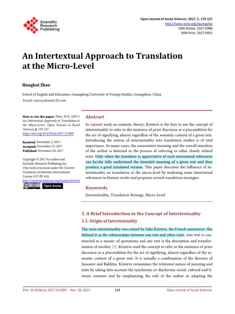 Zhao - An Intertextual Approach To Translation at The Macro-Level | PDF | Intertextuality ...