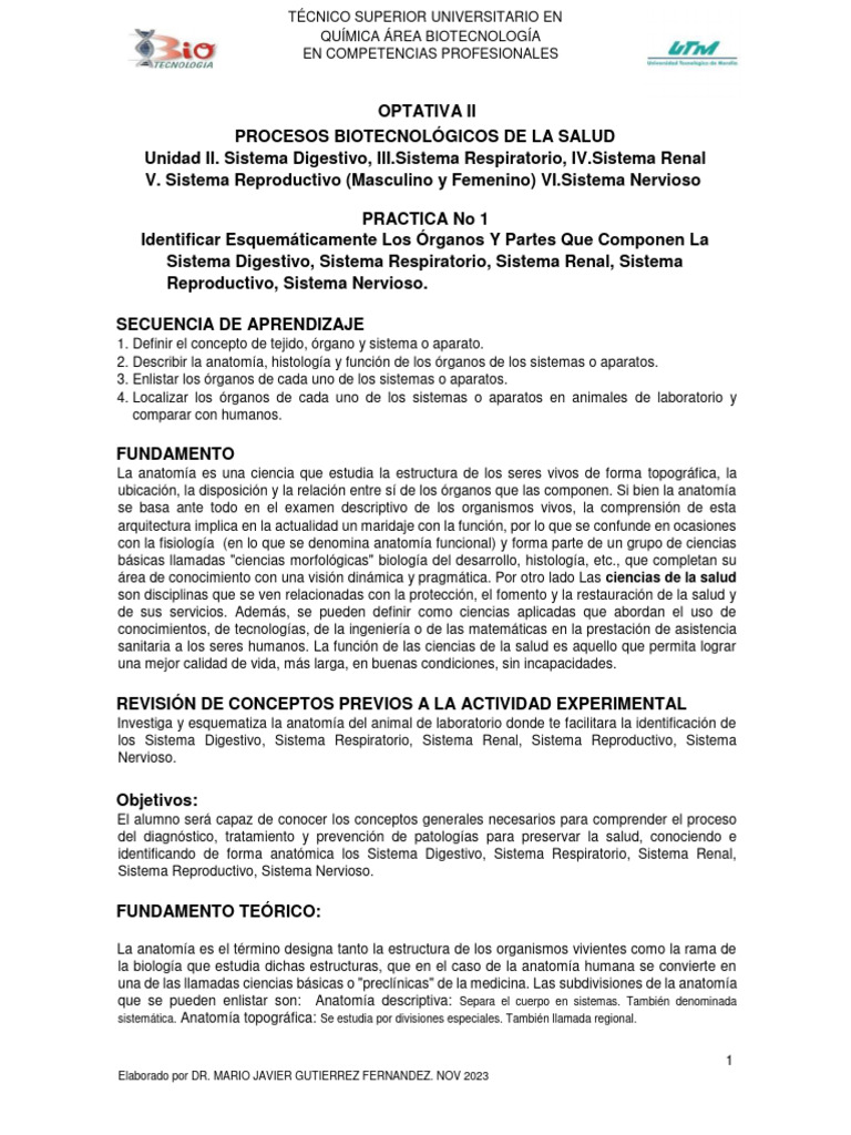 PRACTICA No 1 Identificar Esquemáticamente Los Órganos Y Partes Que ...
