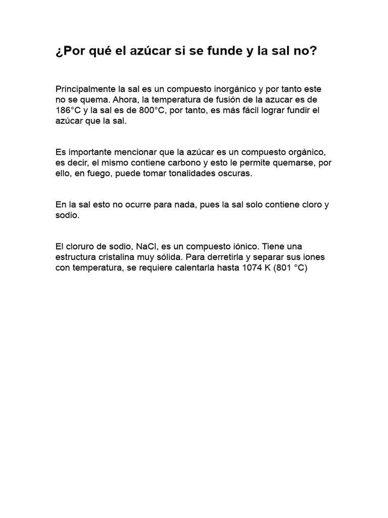 ¿Por Qué El Azúcar Si Se Funde y La Sal No? | PDF