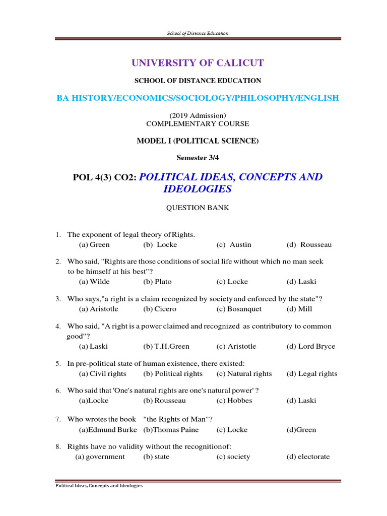 MCQ-III Sem - Political Ideas, Concepts and Ideologies | PDF