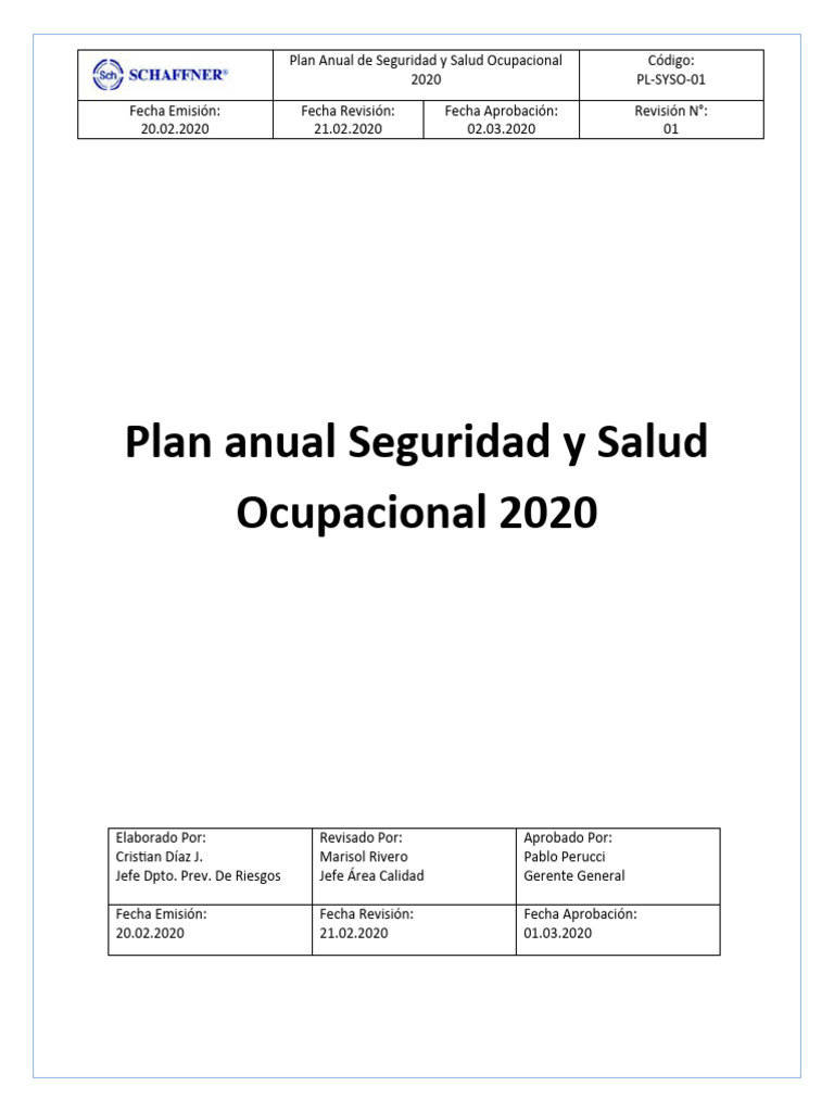Plan Seguridad y Salud Ocupacional 2020 - V3 | PDF | Seguridad y salud ocupacional | Valores