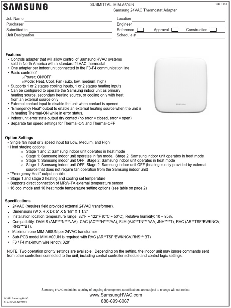 Mim-A60un+Submittal Thermostat+Adapter 04222021 230217 092550 | PDF ...