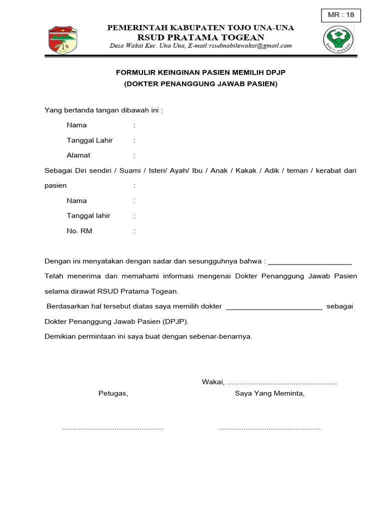 MR 18 Formulir Keinginan Memilih DPJP | PDF
