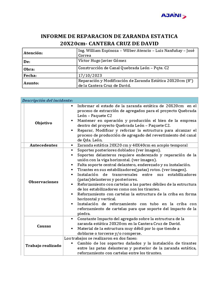 Informe - AJANI - Reparación de Zaranda Estática 20X20cm - CCDavid | PDF