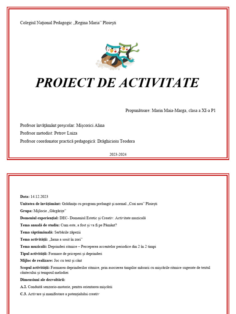 Proiect de Activitate Dec Muzica Iarna A Sosit in Zori | PDF