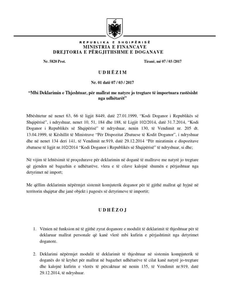 UDHEZIM nr.01 Date 07.03.2017 - Per Deklarimin e Thjeshtuar Te Mallrave ...
