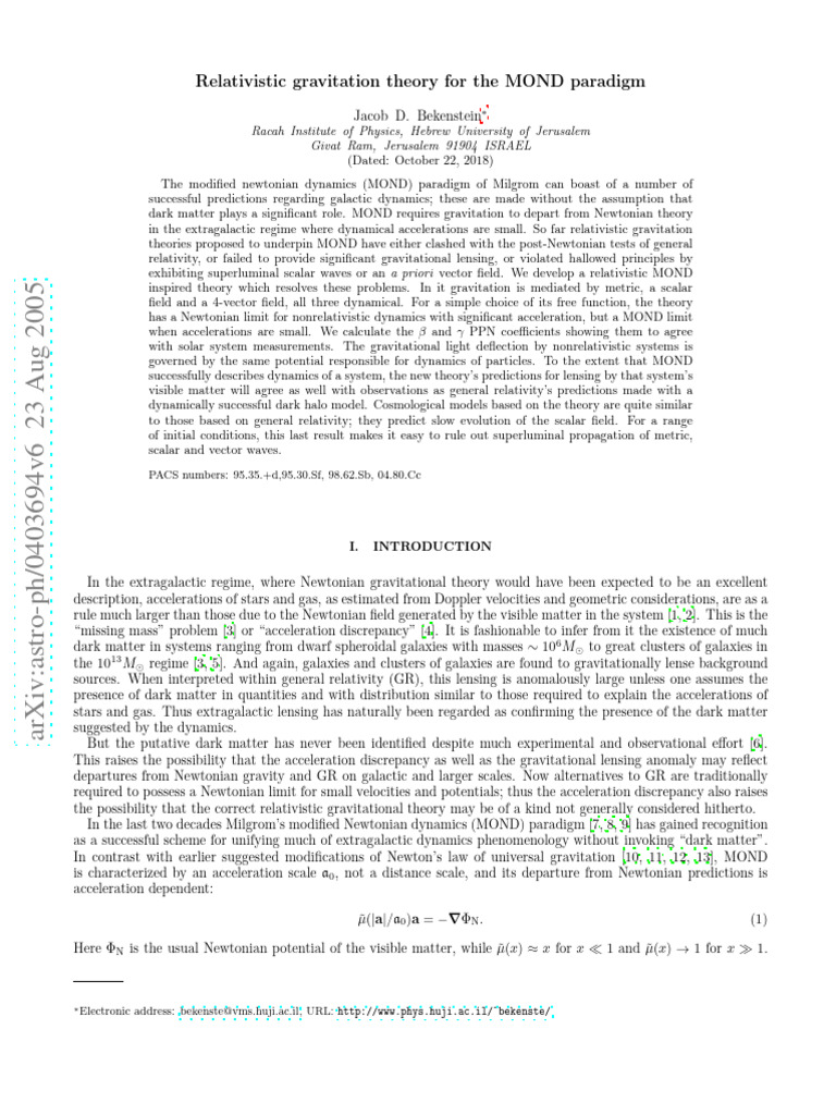Relativistic Gravitation Theory For The MOND Paradigm | PDF | General Relativity | Field (Physics)