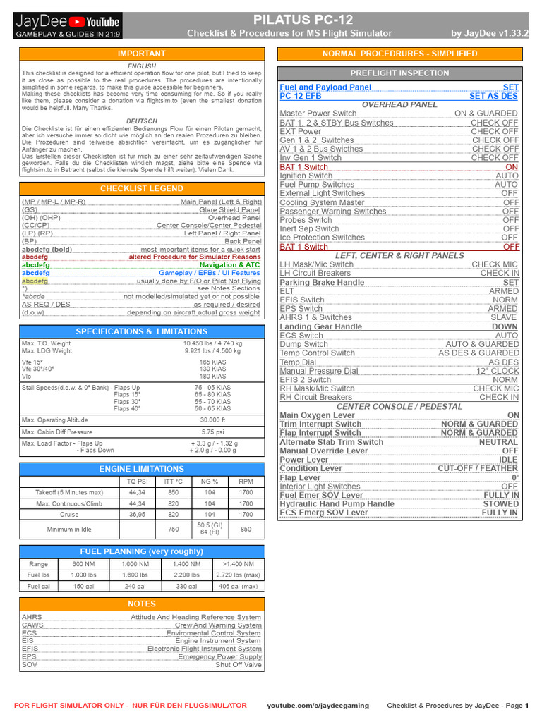 Checklist Pilatus PC12 MFS2020 | PDF | Takeoff | Aviation
