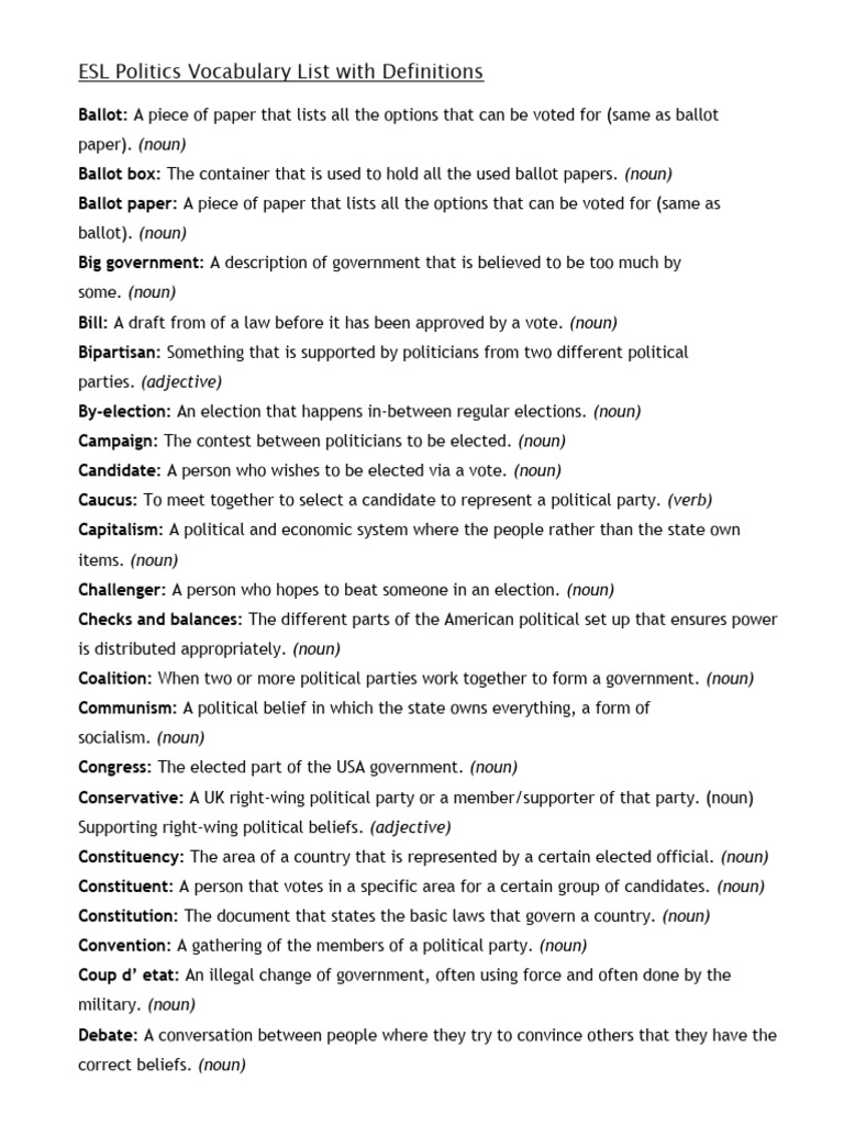 ESL Politics Vocabulary List With Definitions | PDF | Elections | Noun