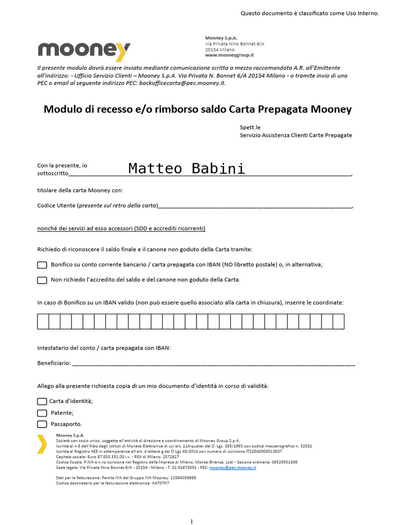 Modulo Recesso Rimborso Saldo Carta Mooney v3 83a0cbd849 | PDF
