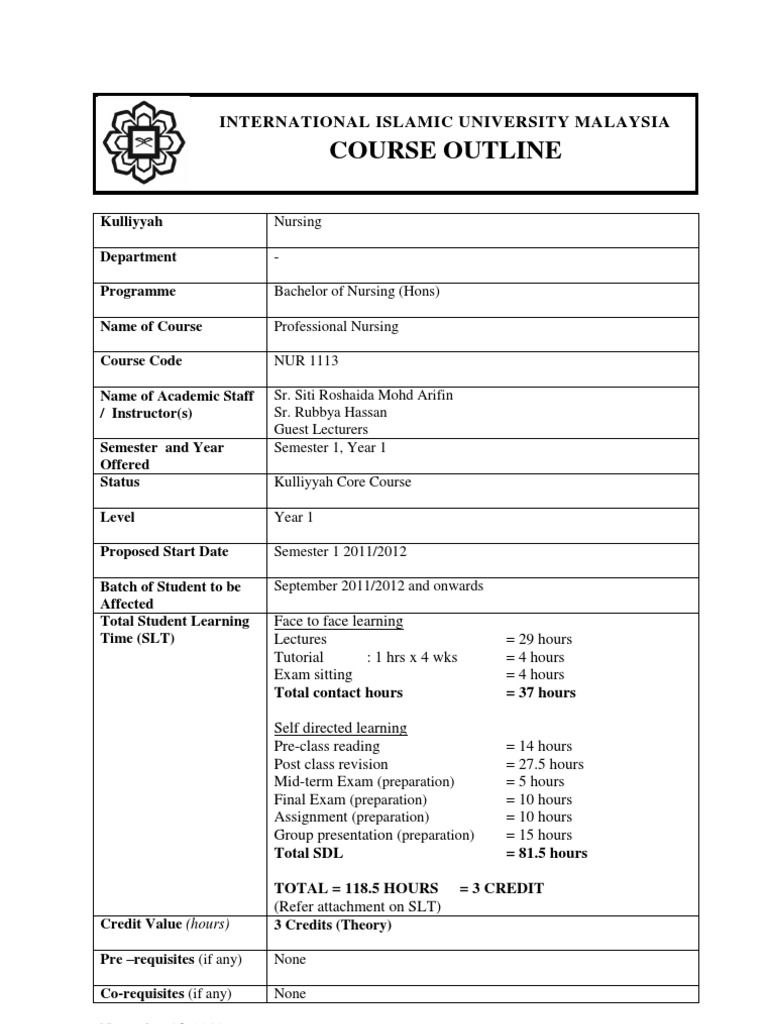 Professional Nursing Course Outline | PDF | Nursing | Health Care