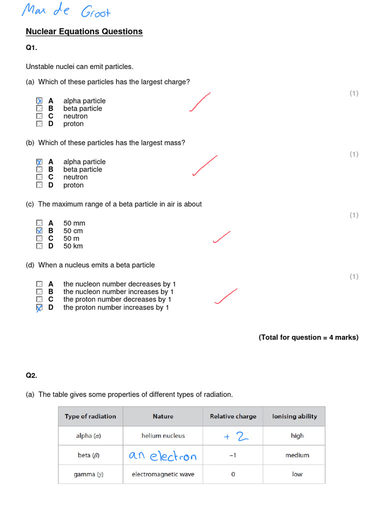 Nuclear Equations Questions | PDF | Radioactive Decay | Atomic Nucleus