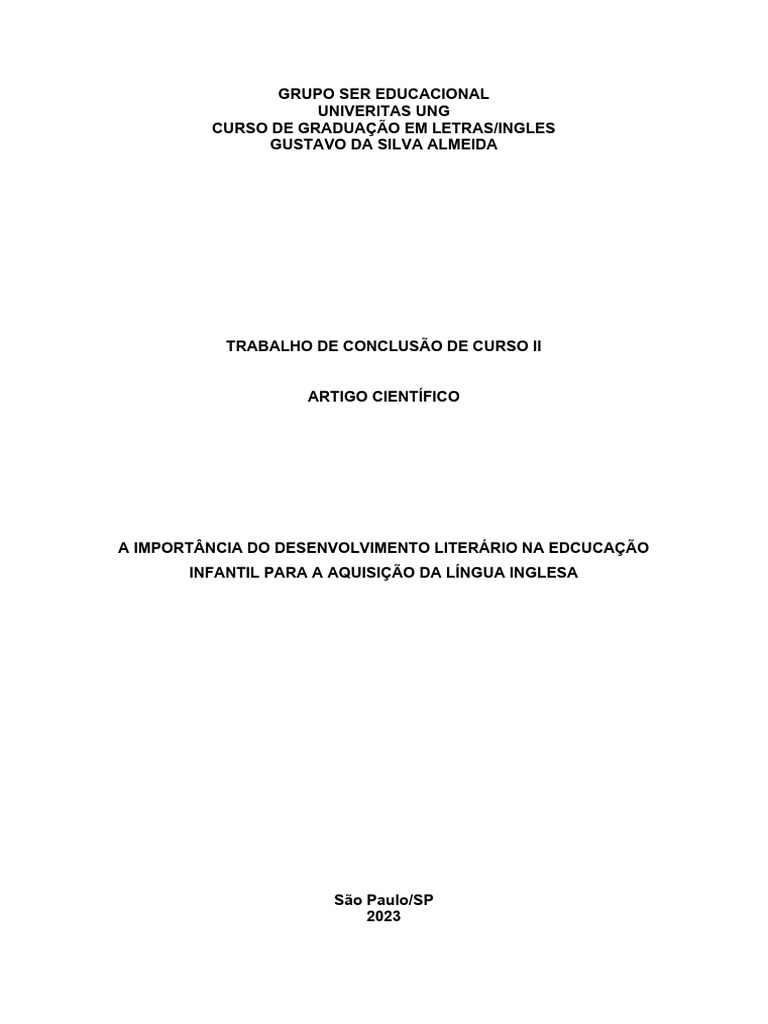 TCC 2 - Ingles - Modelo (Novo) | PDF | Alfabetização | Aprendizado