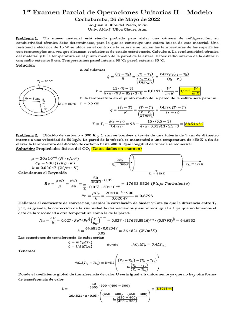 Examen 1er Parcial de Operaciones Unitarias II I-2022 | PDF | Convección | Transferencia de calor