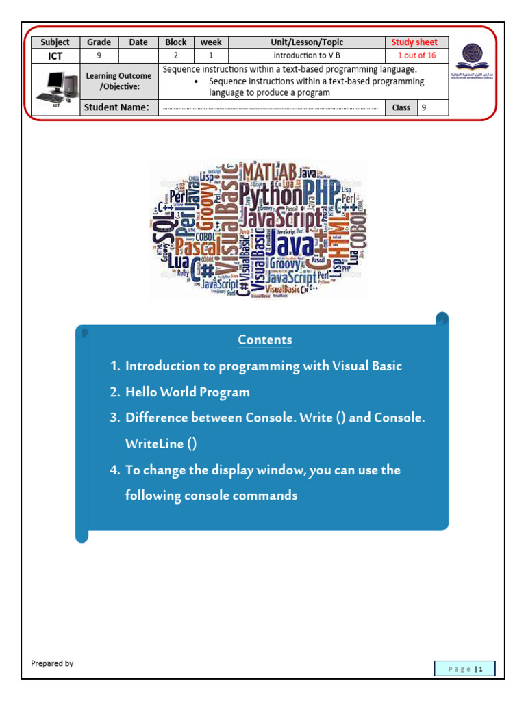 G9 - Block 2 - Week 1 - WS1 - Introduction To V.B | PDF | Computer ...
