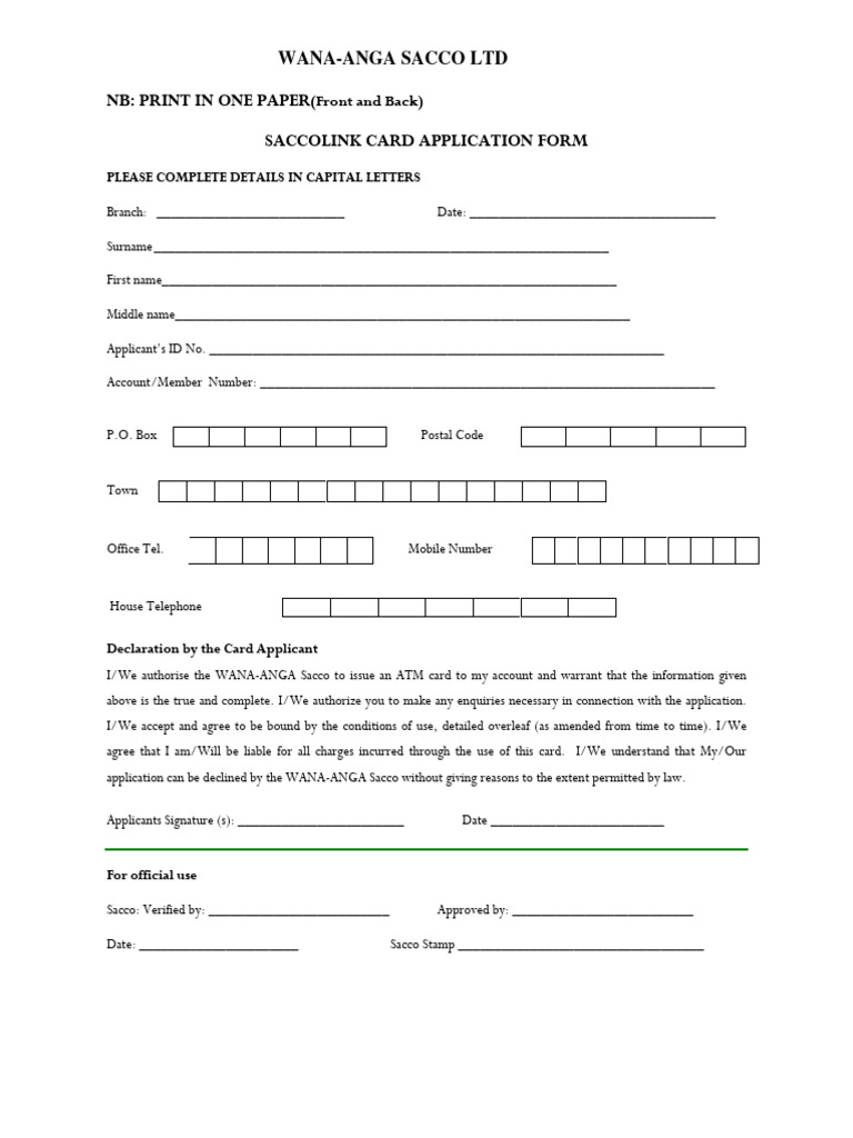 Saccolink Atm Debit Card Application Form | PDF | Automated Teller Machine | Debit Card