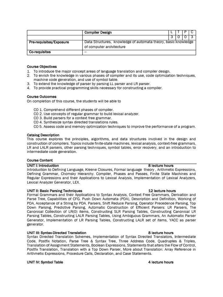 Syllabus - Compiler Design | PDF | Parsing | Compiler